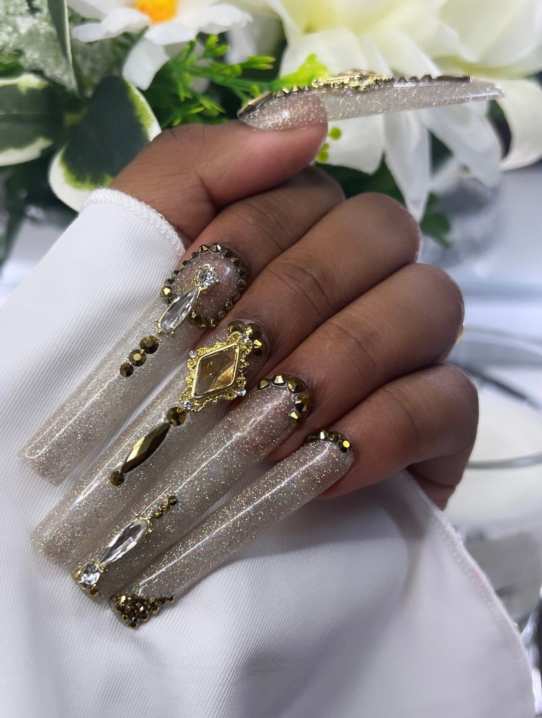 Xxl Extra Long Gold Glitter Gold Diamanté Gem Nails Extendo Press on ...