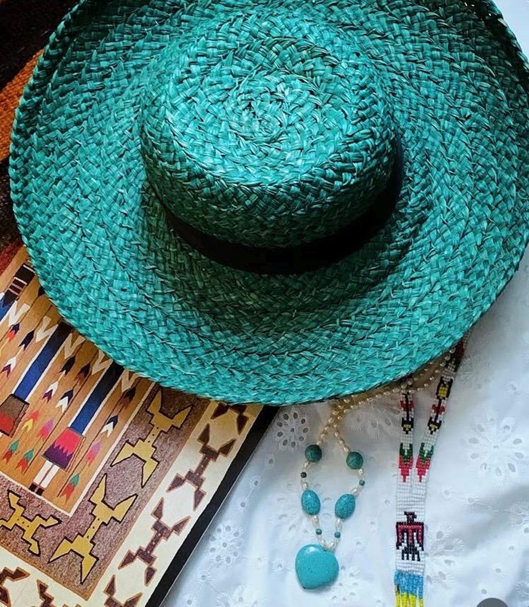 Vintage Wide Brim Turquoise Straw Hat - Etsy