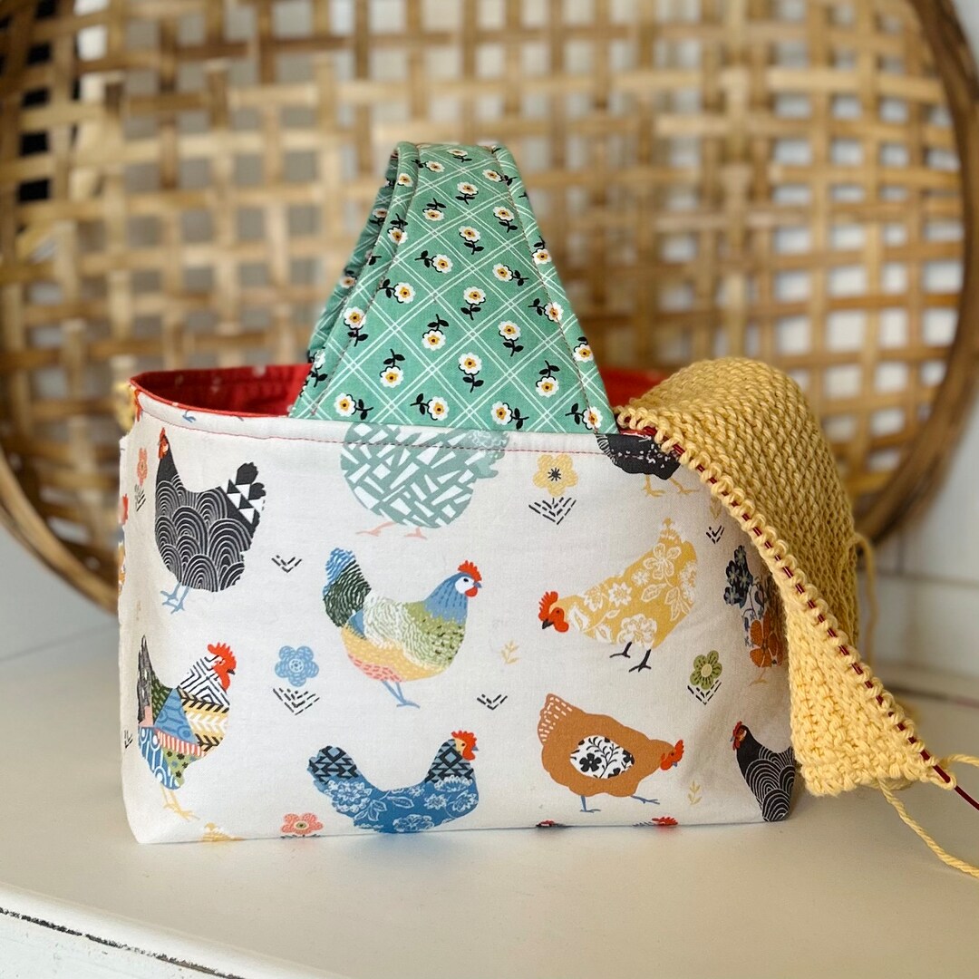 Chicken Basket, Basket Project Bag, Fabric Basket Bag, Farmhouse ...