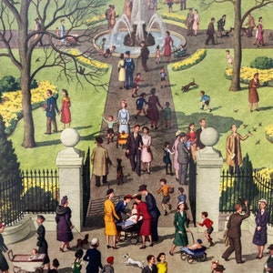 1950s Busy Park Scene Vintage Wall Art Illustration - Etsy