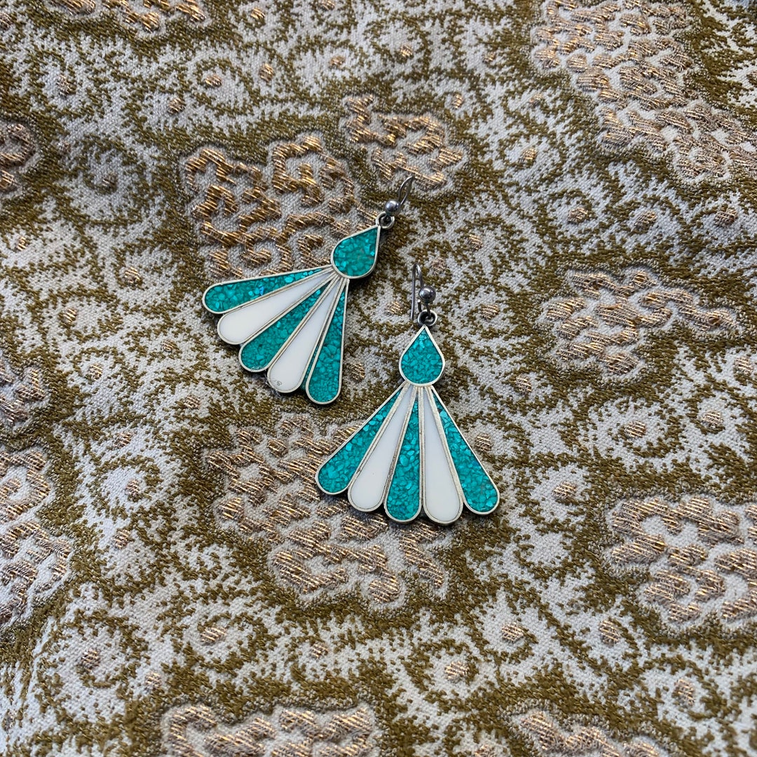 Vintage Fan Shape Turquoise Blue Earrings, Art Nouveau - Etsy