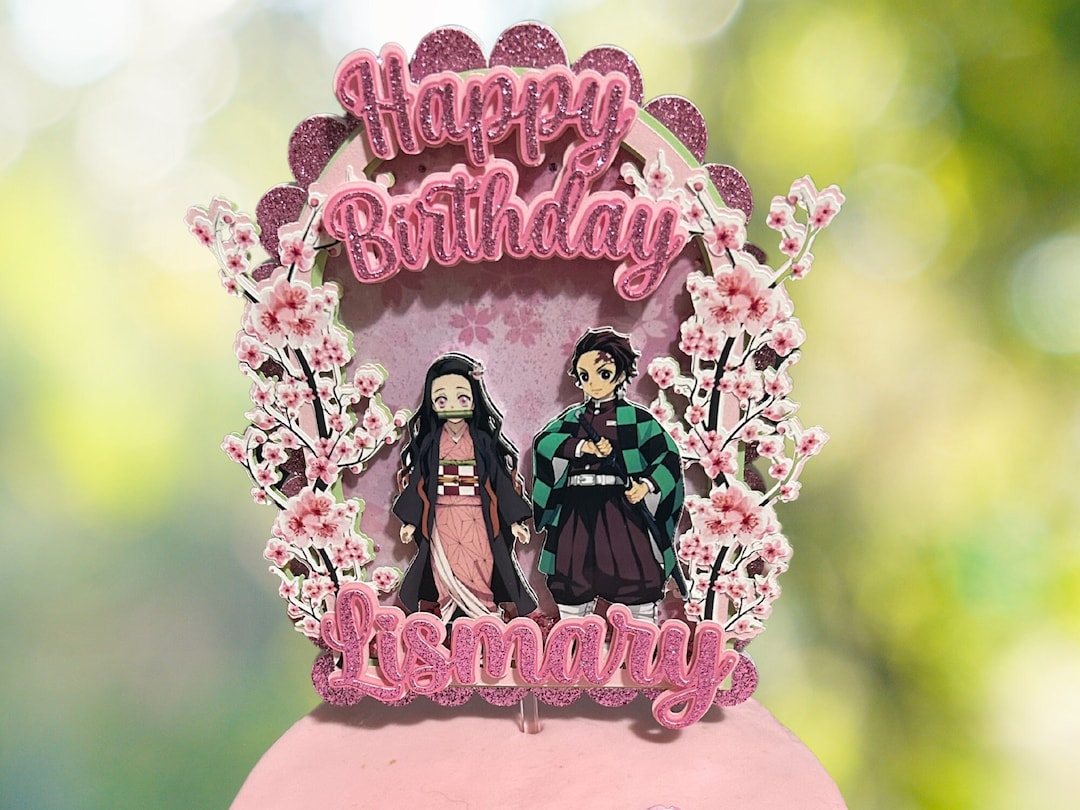 Nezuko and Tanjiro Cake Topper, Shaker With Sakura Flowers, Custom ...