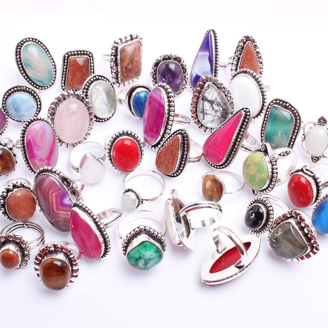 100 Pcs Lot of Multi Gemstone Ring Mix Shape and Size Silver Plated ...