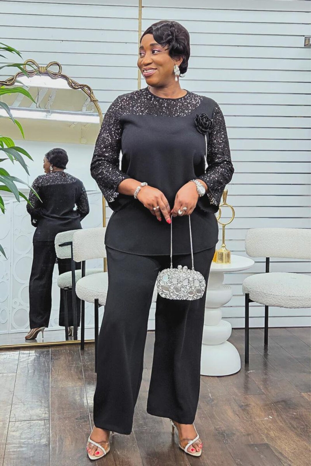 Sequin Top and Pants Set, Evening Wear With Floral Brooch - Etsy