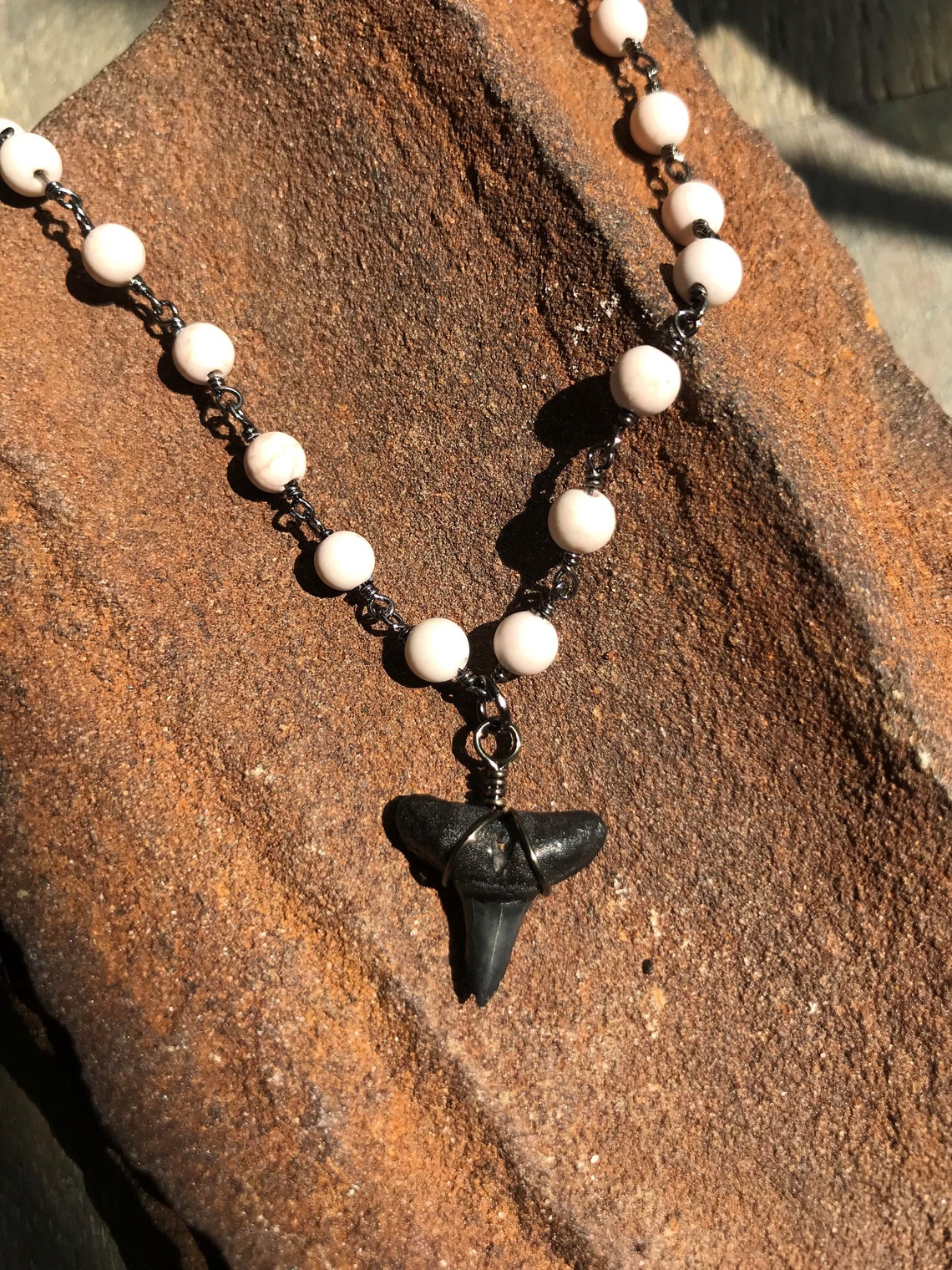 Fossil Shark Tooth Choker/Matte Turquoise/Fossil Lemon Shark ...