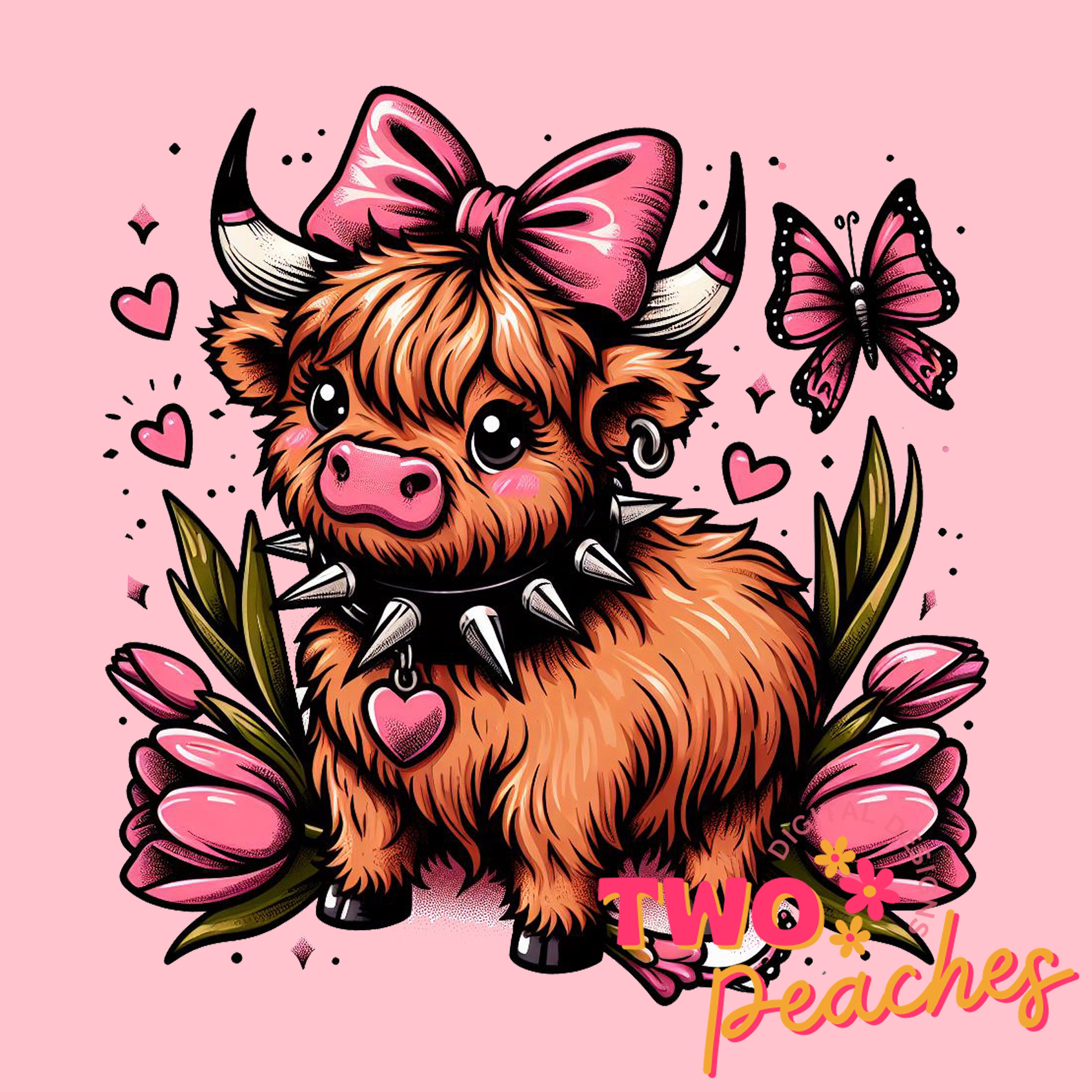 Coquette Highland Cow PNG: Retro Tattoo Sublimation Design (digital ...