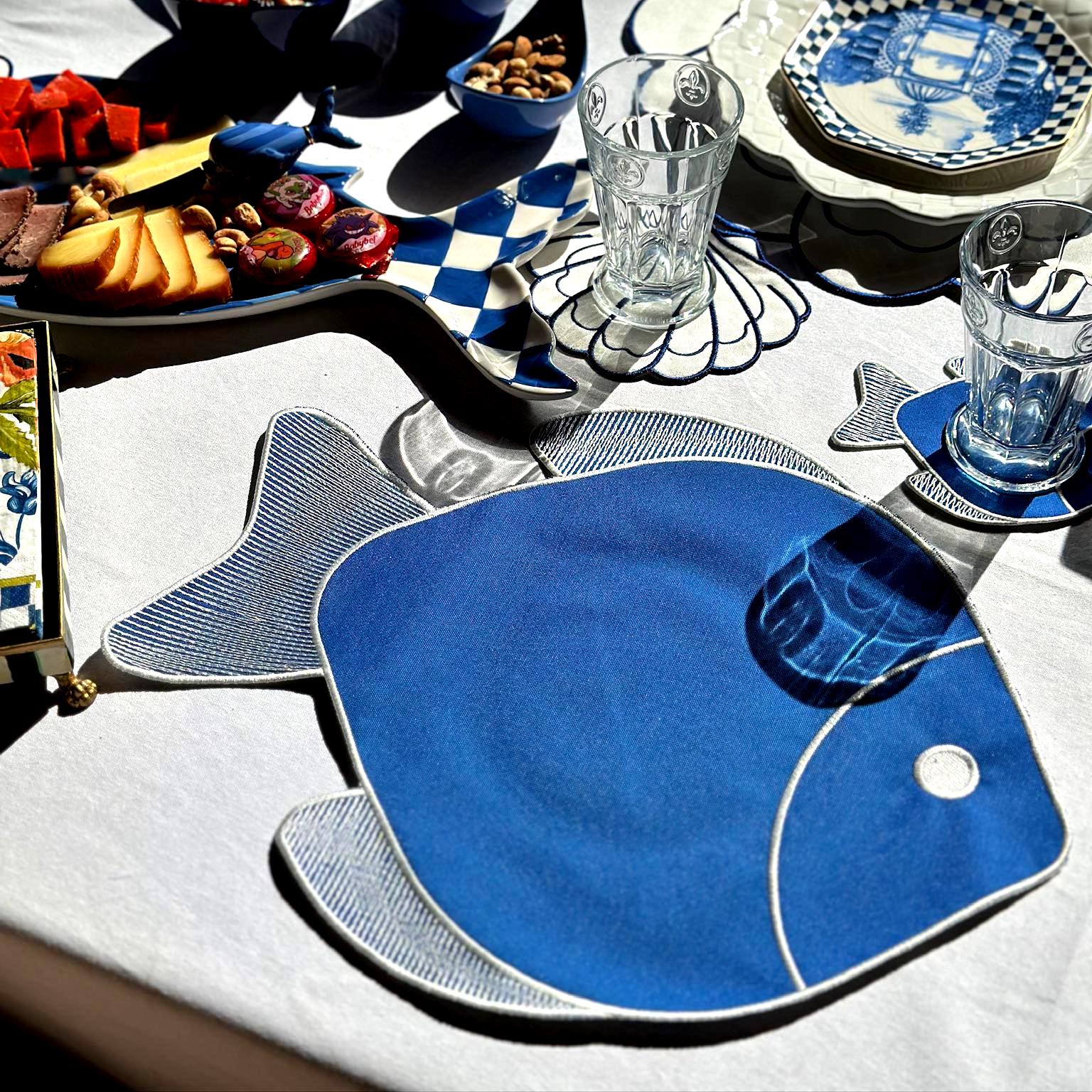 Embroidered Fish Placemat | Blue Scalloped Nautical Decor - Etsy