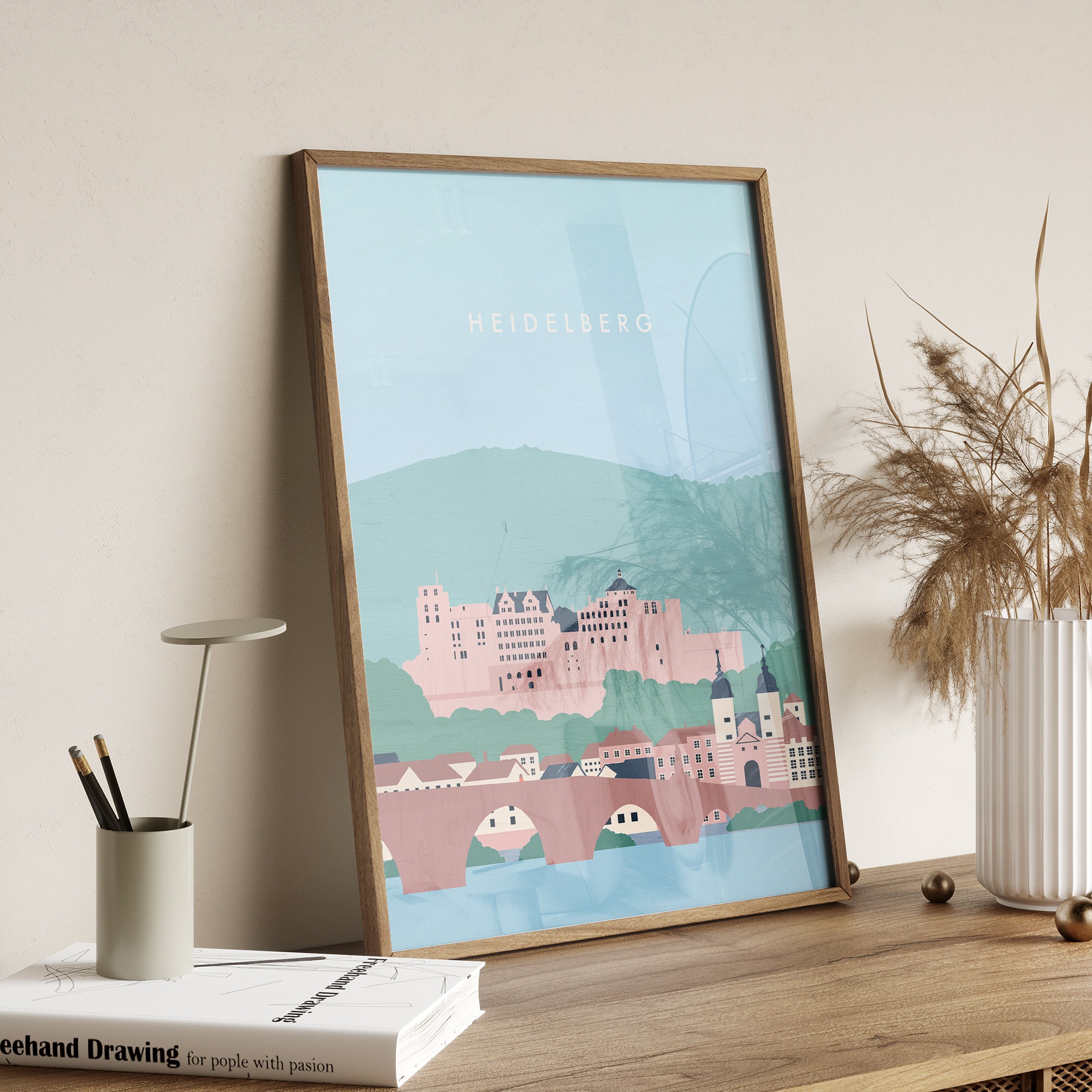 Minimalist Heidelberg Poster – Wall Art With Castle and Bridge, Modern ...