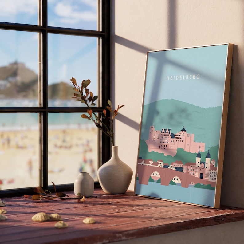 Minimalist Heidelberg Poster – Wall Art With Castle and Bridge, Modern ...