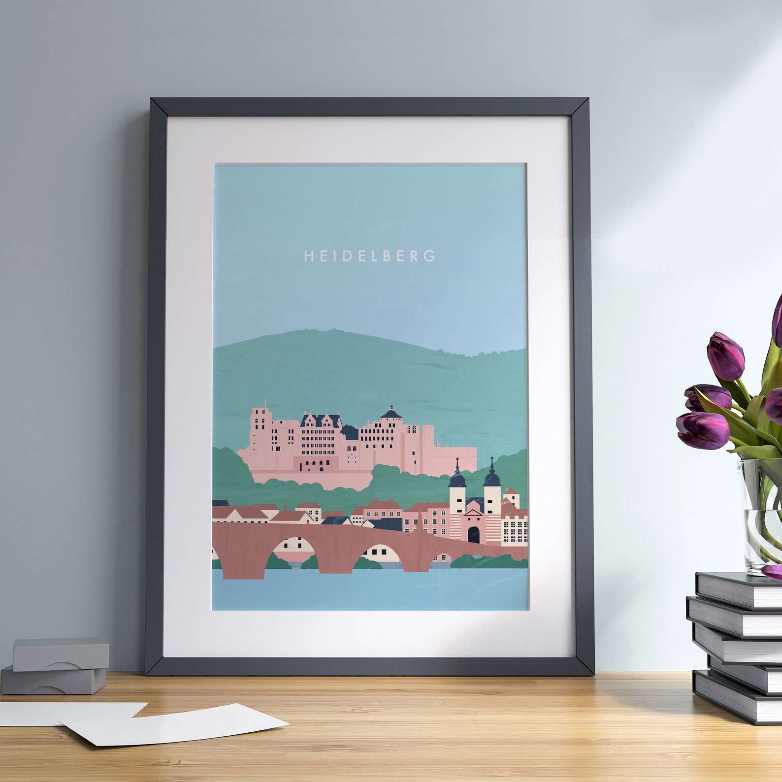 Minimalist Heidelberg Poster – Wall Art With Castle and Bridge, Modern ...