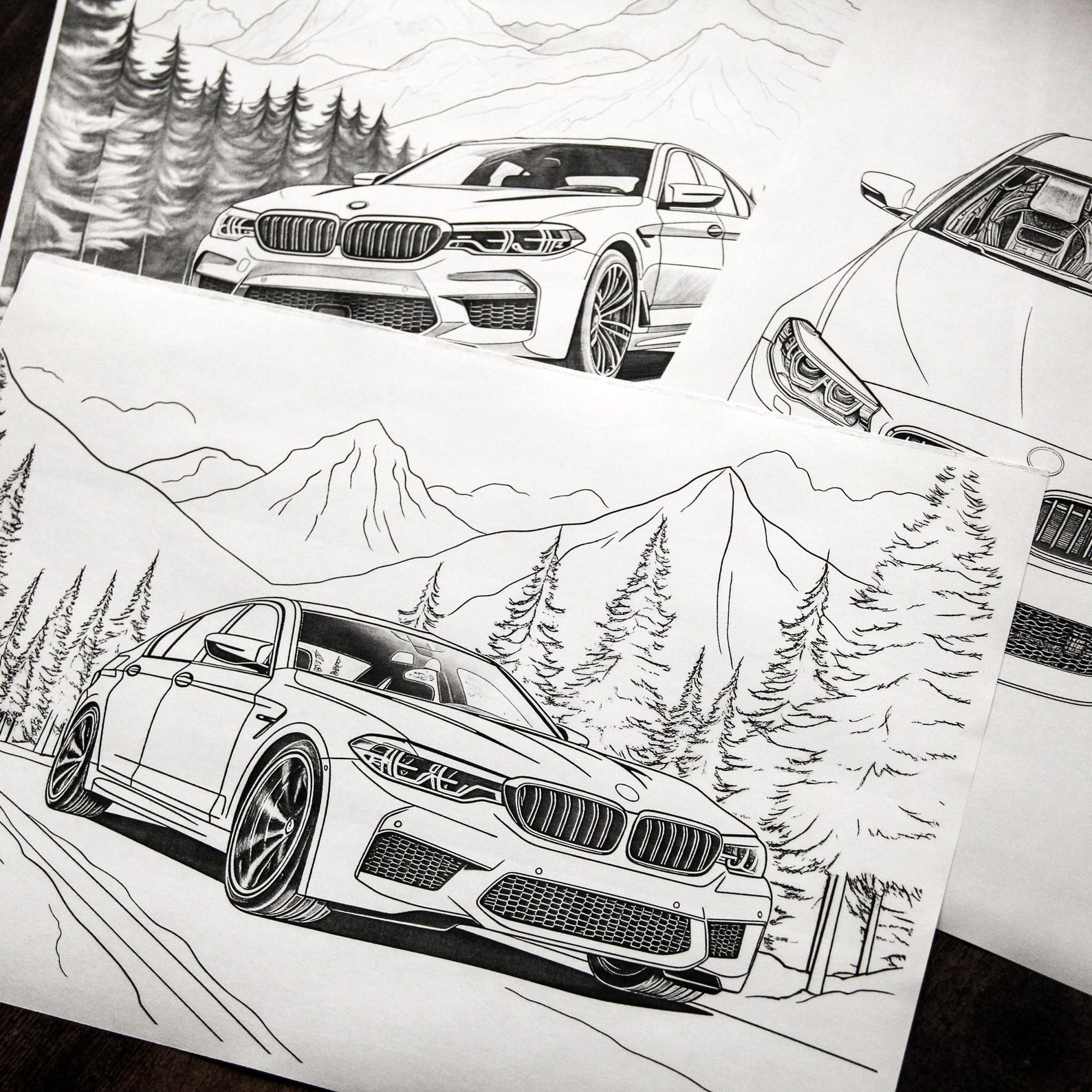 BMW M5 Coloring Pages Set of 3, Black and White Car Drawing Sheets ...