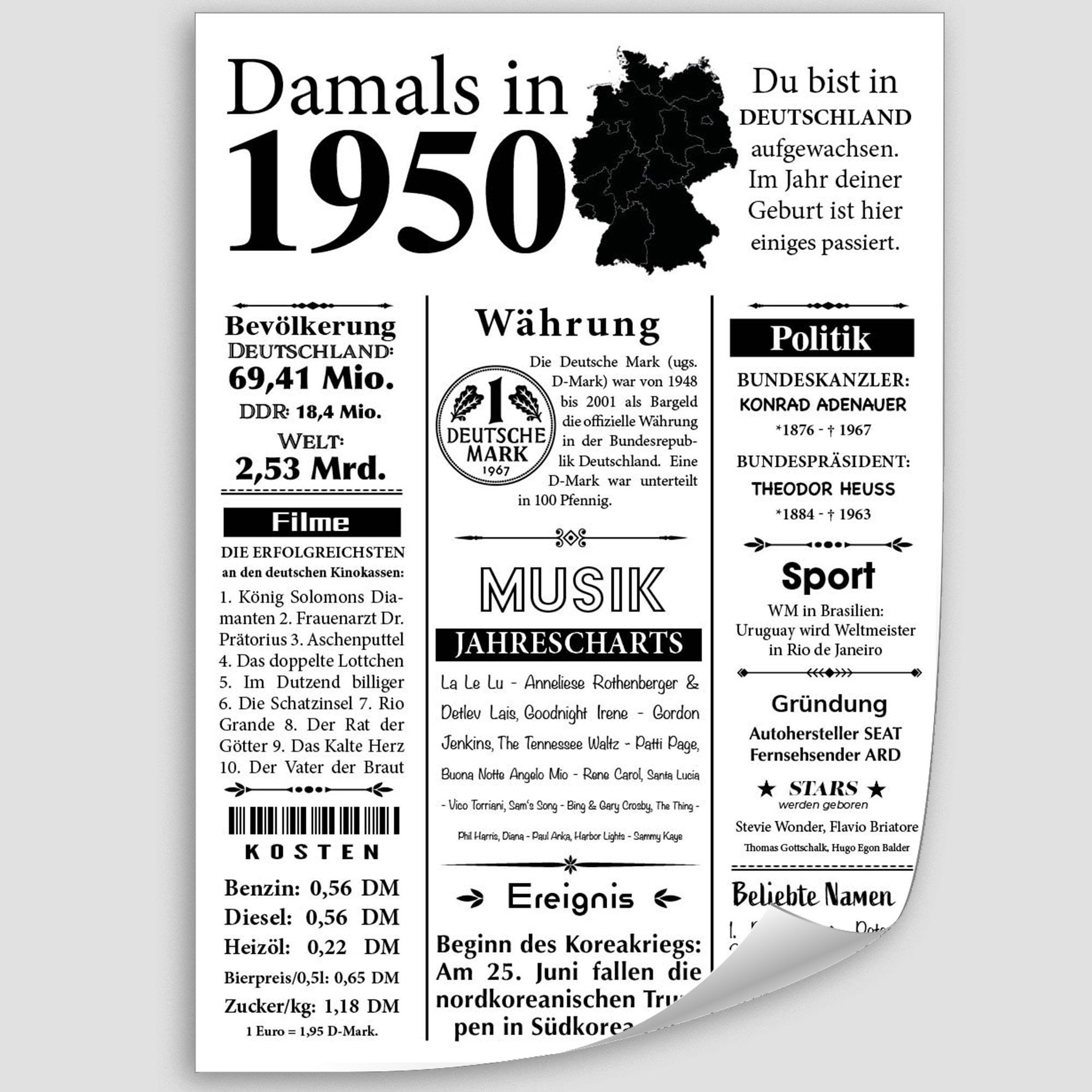 Kunstdruck 1950 74. Geburtstag Jahreszahl Retro Zeitungsartikel Plakat Geschenk Jubiläum ...