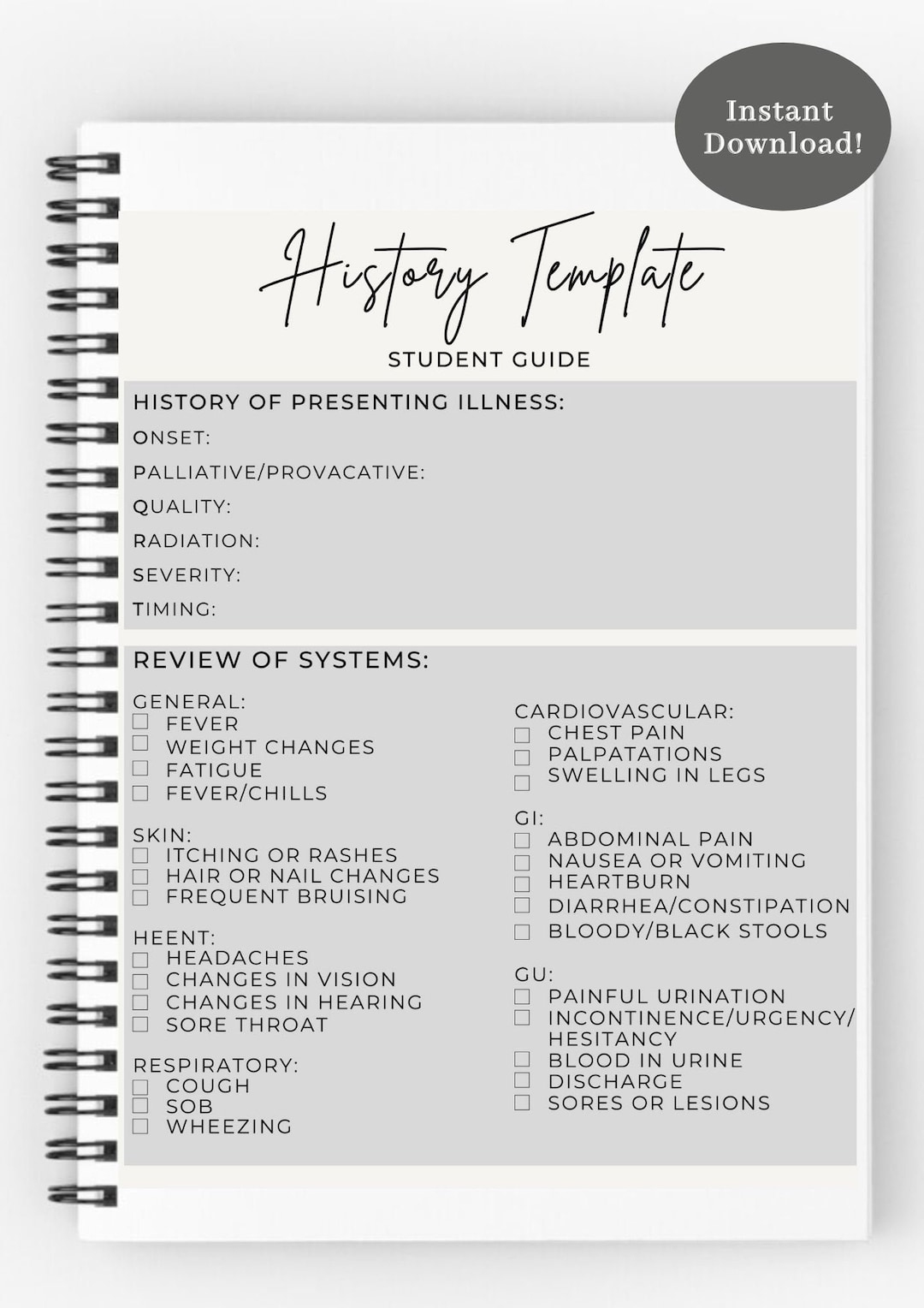 DIGITAL Download, Printable Essential H&P Clinical Template for Medical ...