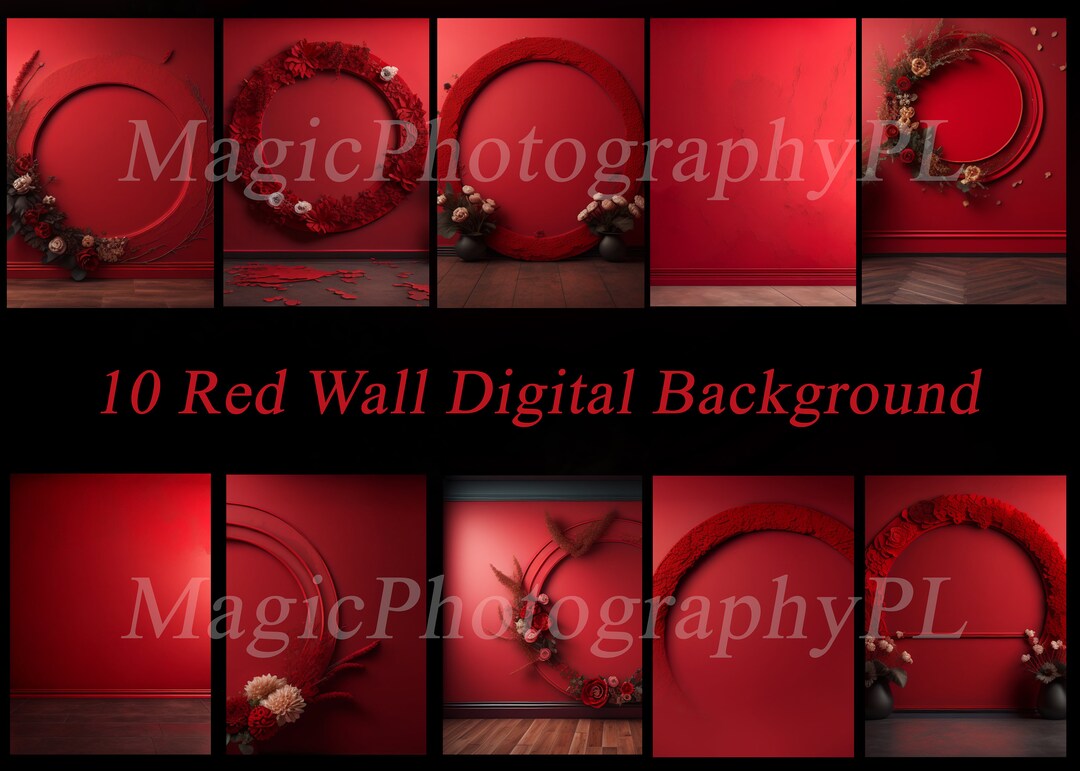 10 Red Wall Overlay, Digital Background, Floral Ring, Floral Overlay ...