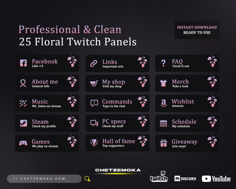 Floral Twitch Panels: Purple Stream Overlay, 25 Pack (instant Download ...