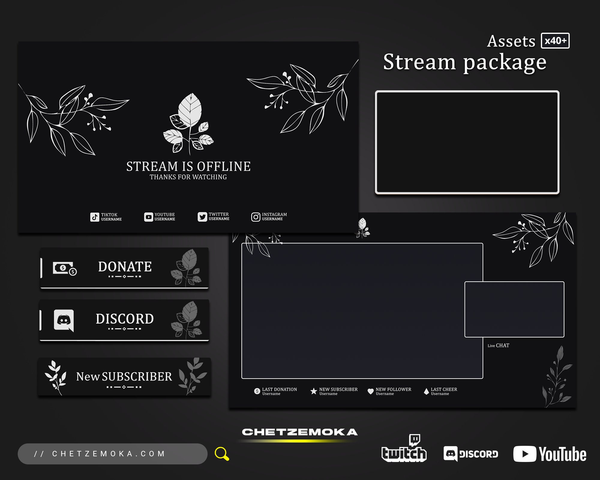 Floral Black and White Animated Stream Overlay Twitch Pack (digital ...