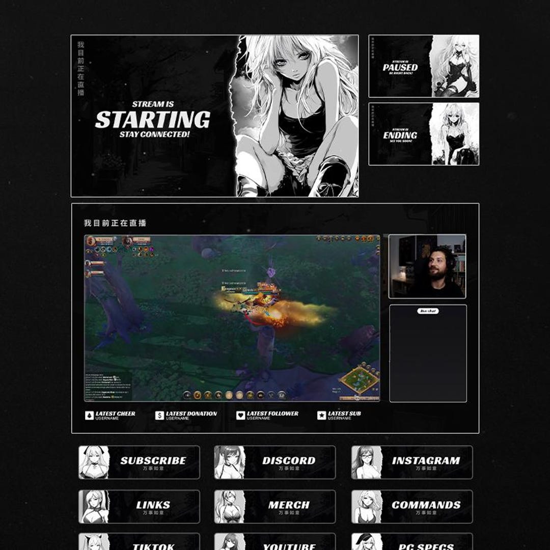 Dark Anime Girls Stream Overlay Pack for Twitch, Youtube, Kick ...