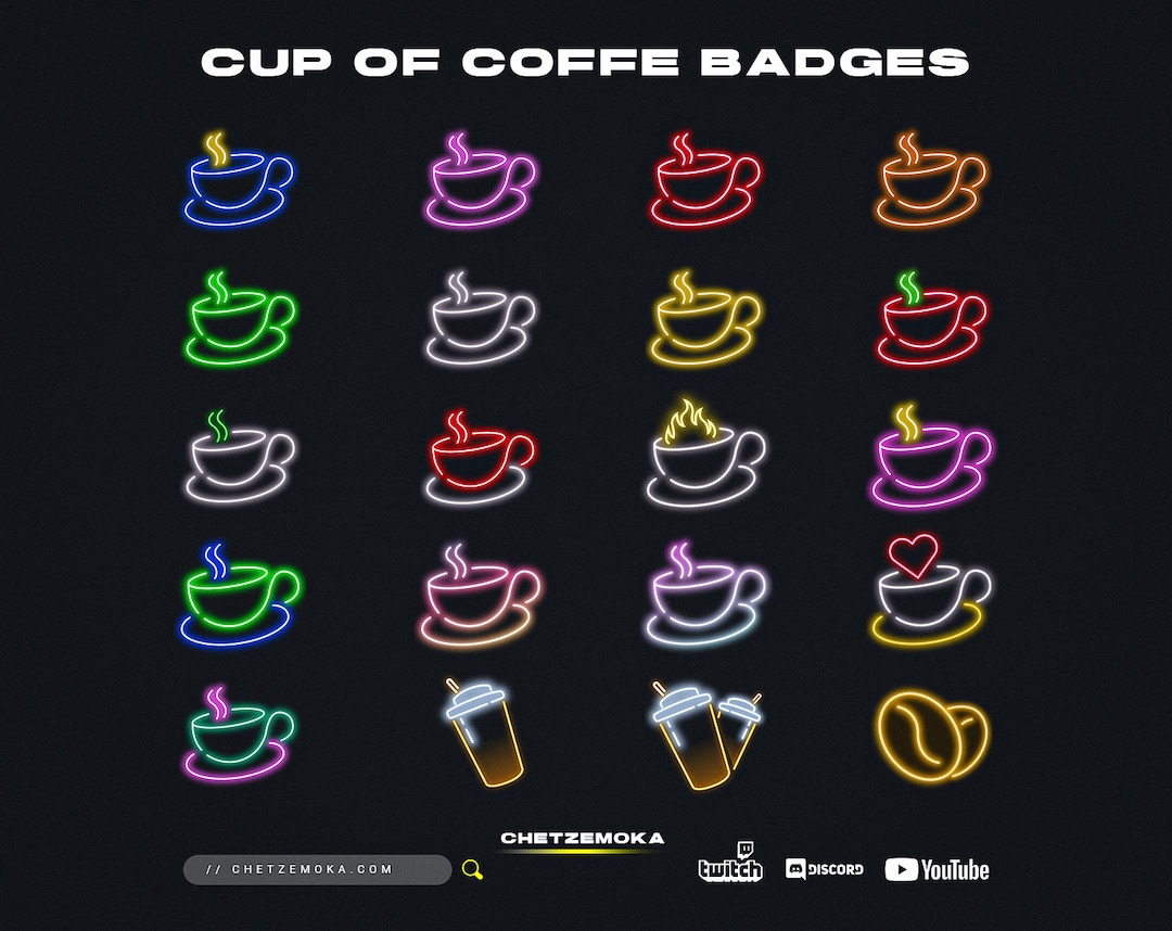 20 Coffee Twitch Badges | Neon Sub Badges | Instant Download ...