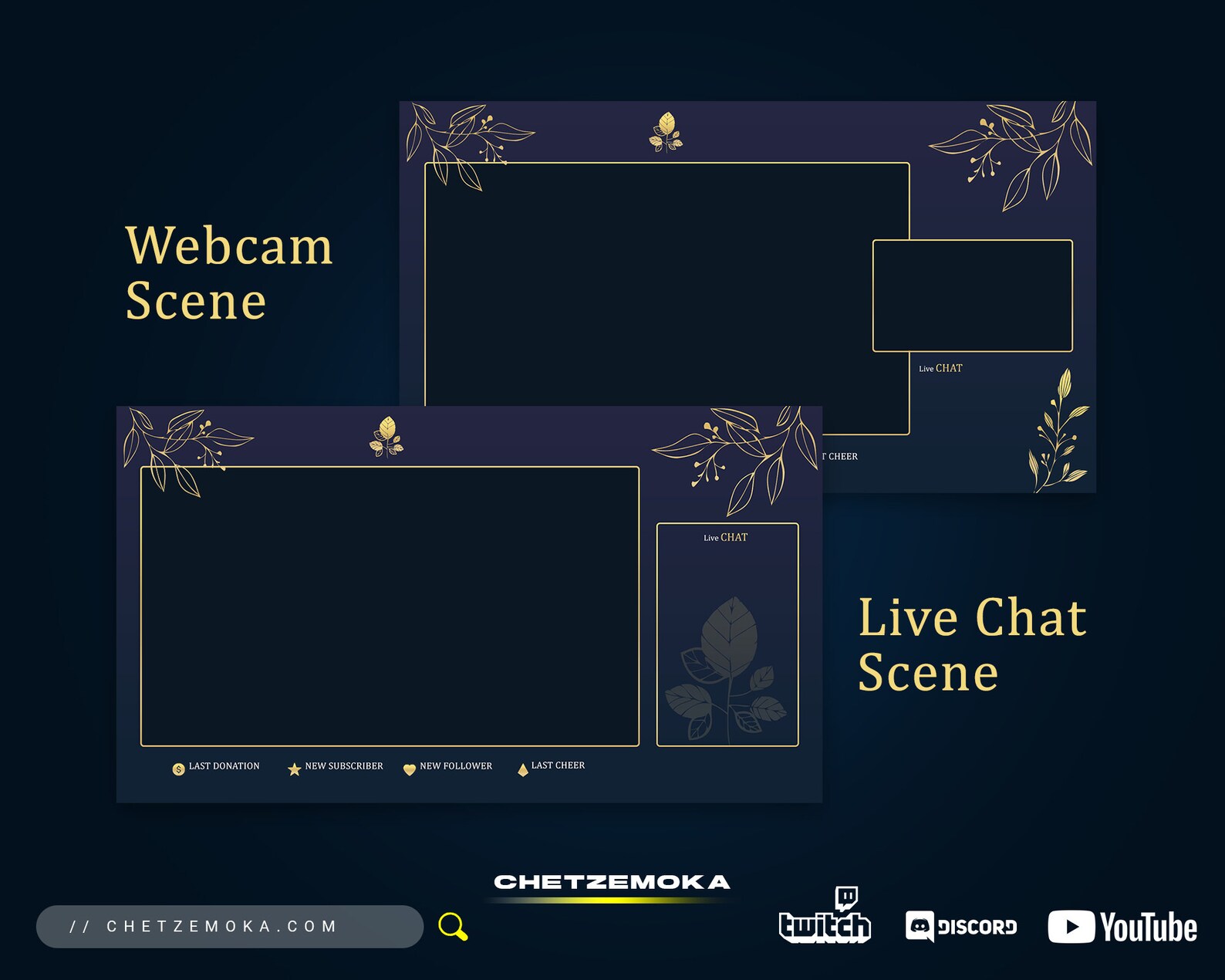 Floral Navy Blue and Gold Twitch Stream Overlay Pack (animated & Static ...