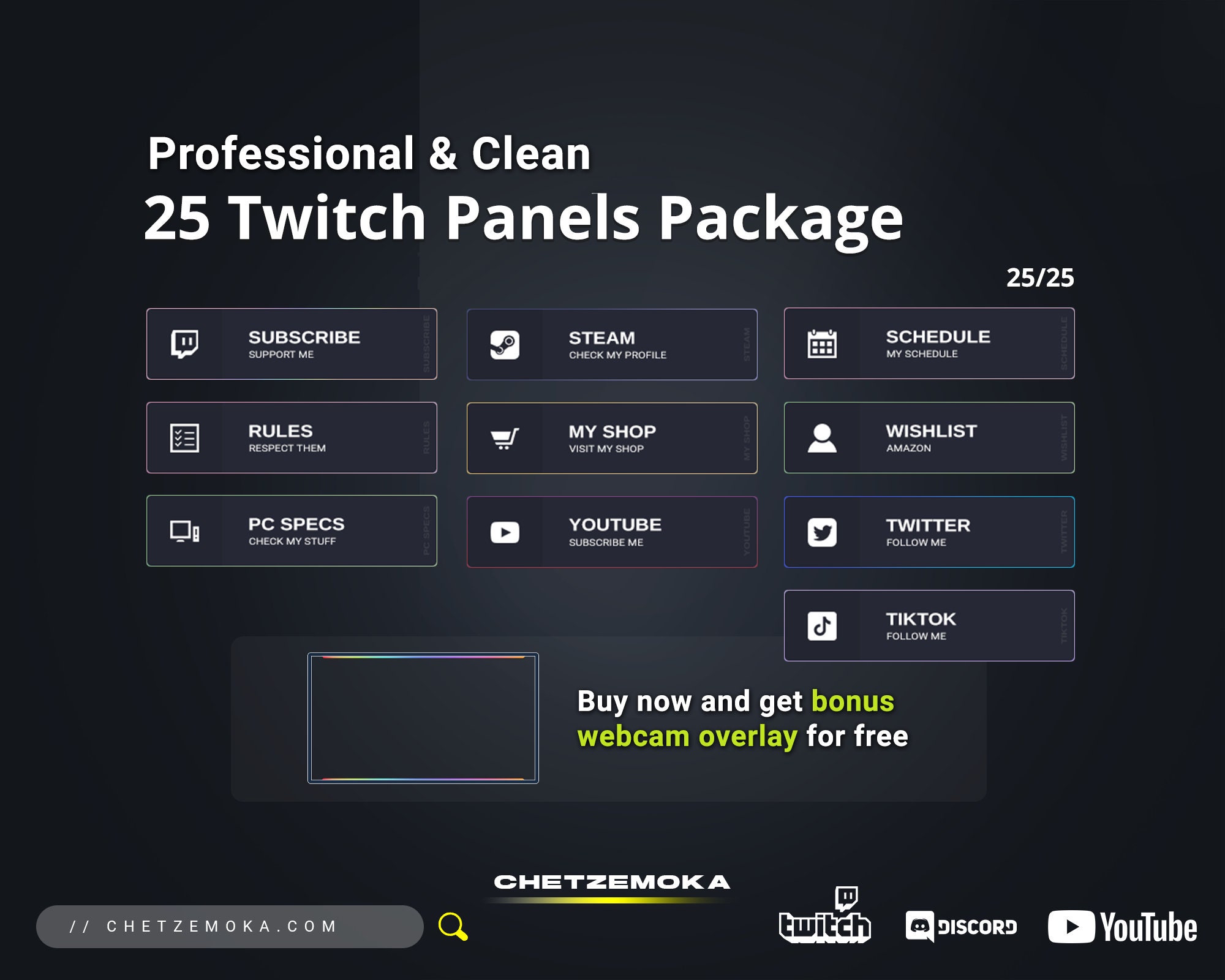 Twitch Panels ELEGANT & SIMPLE 25 Stream Panels Pack Bonus: Free Webcam ...