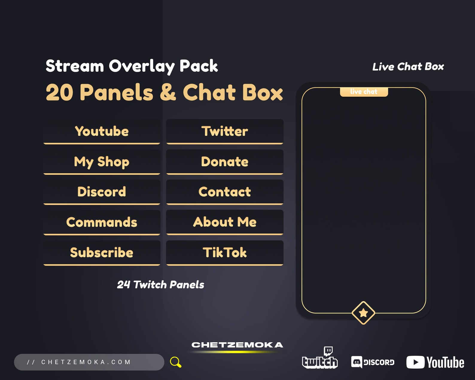 Stream Overlay Package Black & Gold Webcam Overlay 24 Twitch Panels ...
