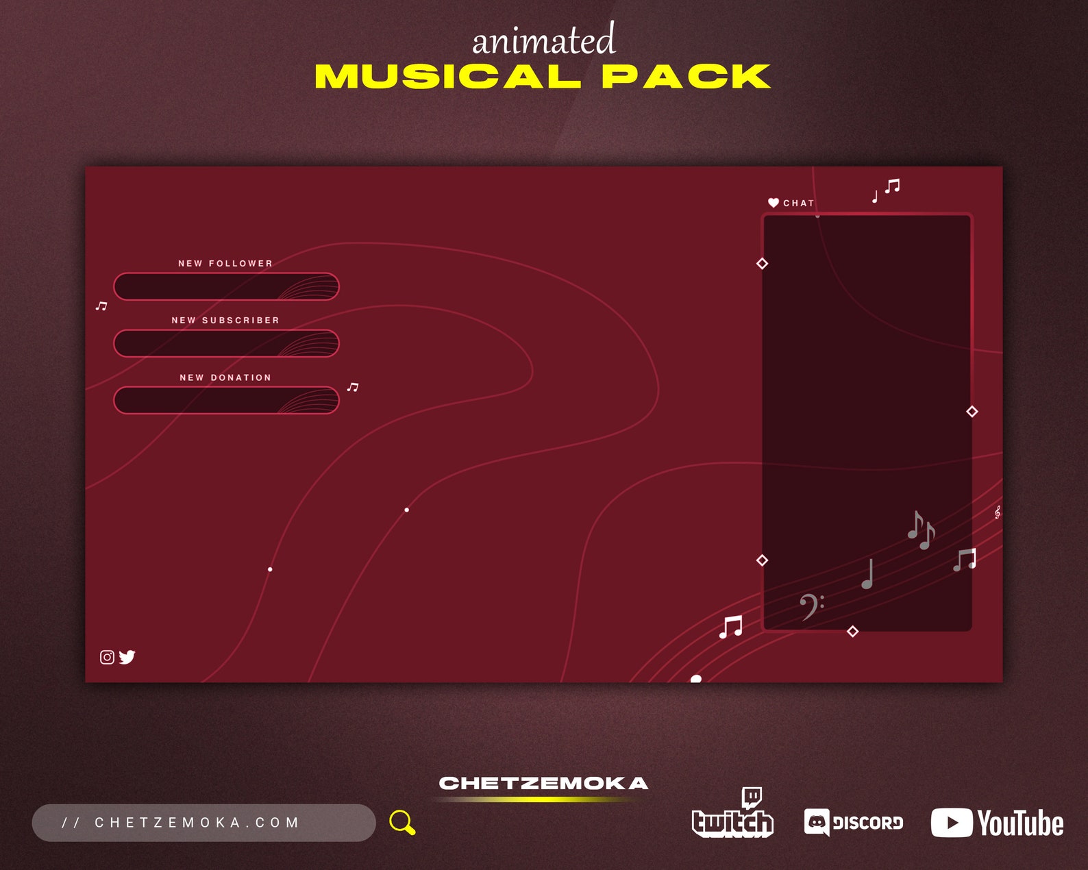 Musical Stream Overlay Dark Red Animated & Static Version Music Note ...