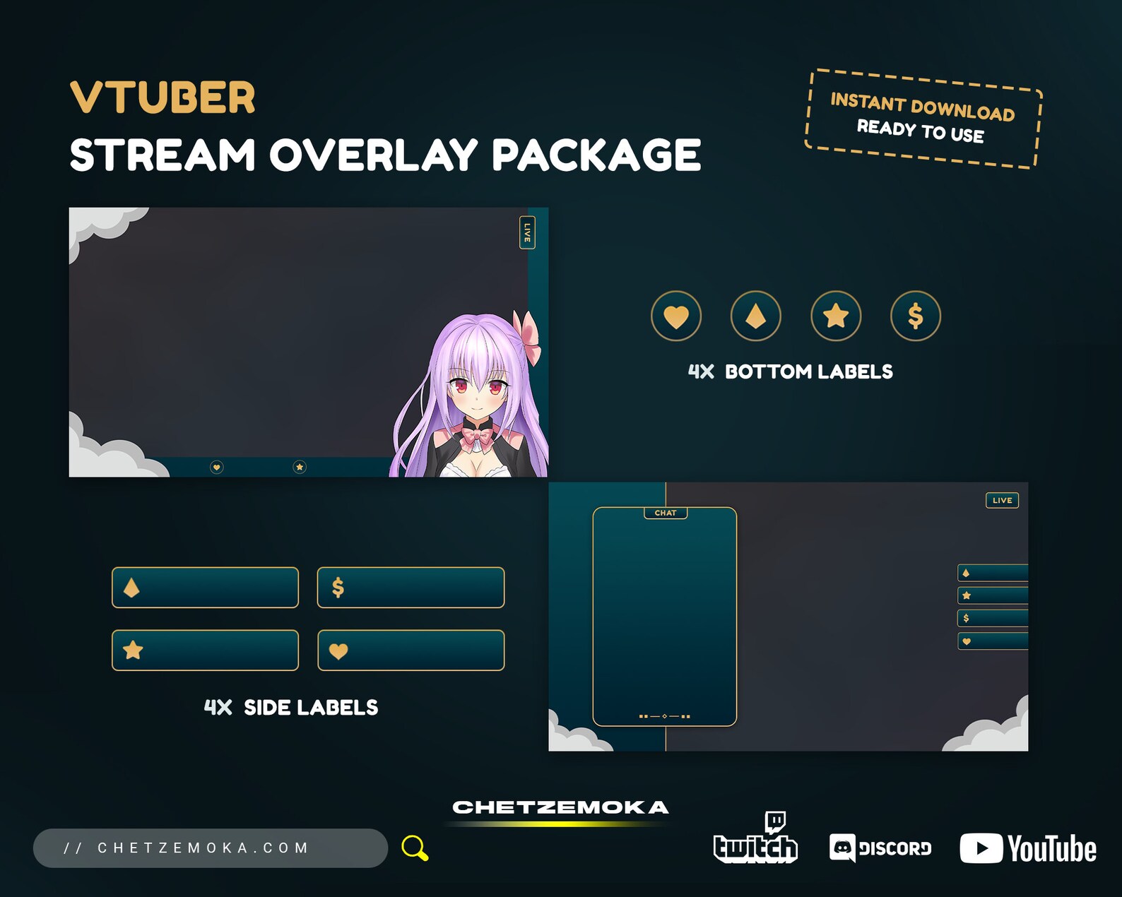 Vtuber Stream Overlay Gold & Green Vtuber Overlay Celestial Stream ...