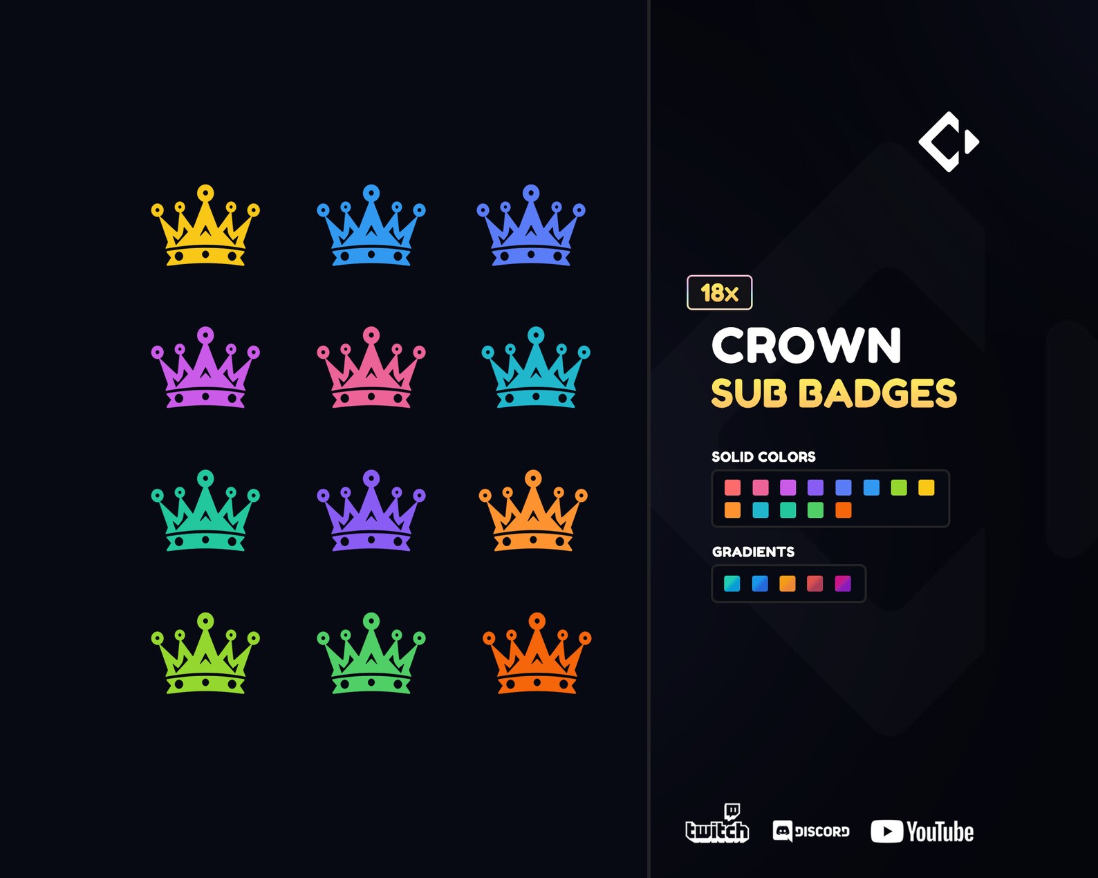 Twitch Crown Sub Badges | 18 Badges | Crowns | Solid & Gradient Colors ...