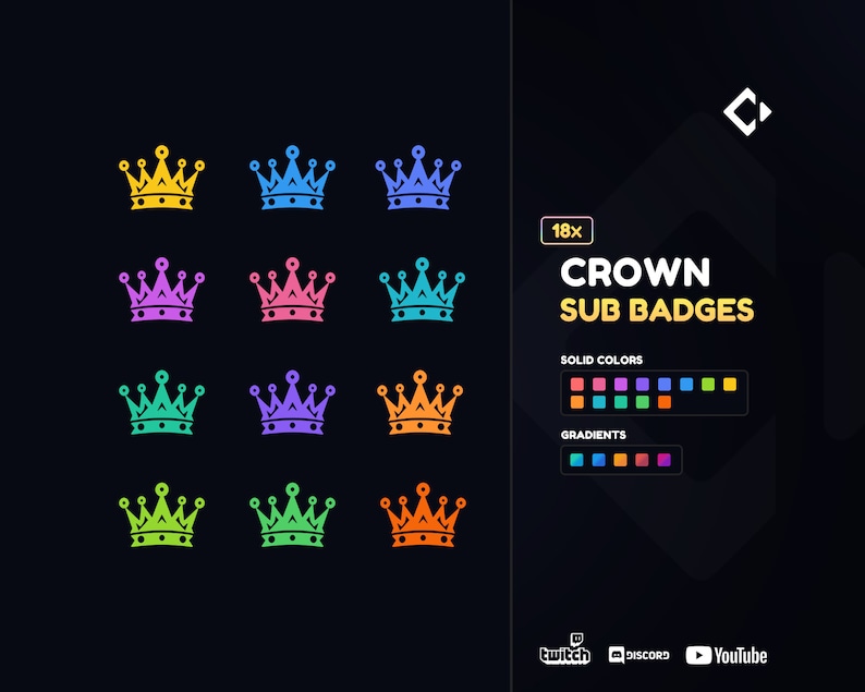 Twitch Crown Sub Badges | 18 Badges | Crowns | Solid & Gradient Colors ...
