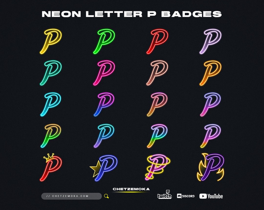 Letter P Sub Badges | Neon Badges | Set of 20 Subscriber Icons | Glow ...