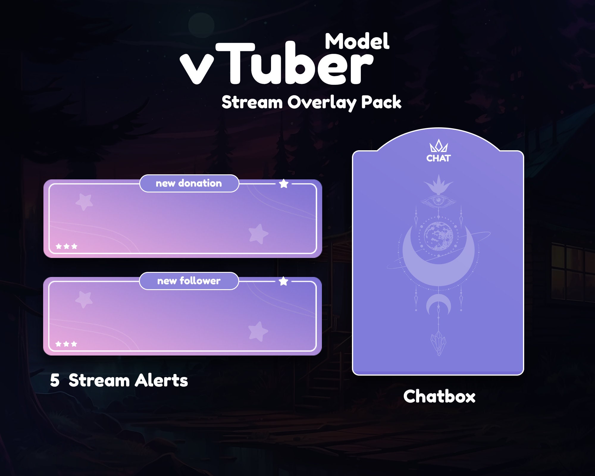 Vtuber Stream Overlay, Celestial Stars & Sky, Alerts, Panels, Chatbox ...
