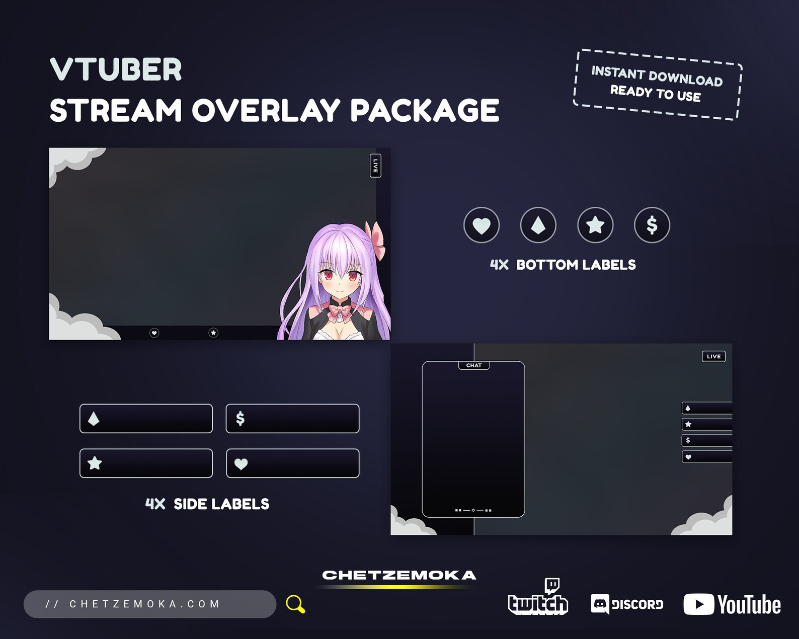 Silver & Navy Vtuber Stream Overlay: Celestial Theme (instant Download ...