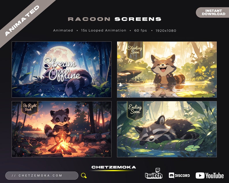 Animated Racoon Twitch Screens: Vtuber Stream Backgrounds (PNG & Webm ...