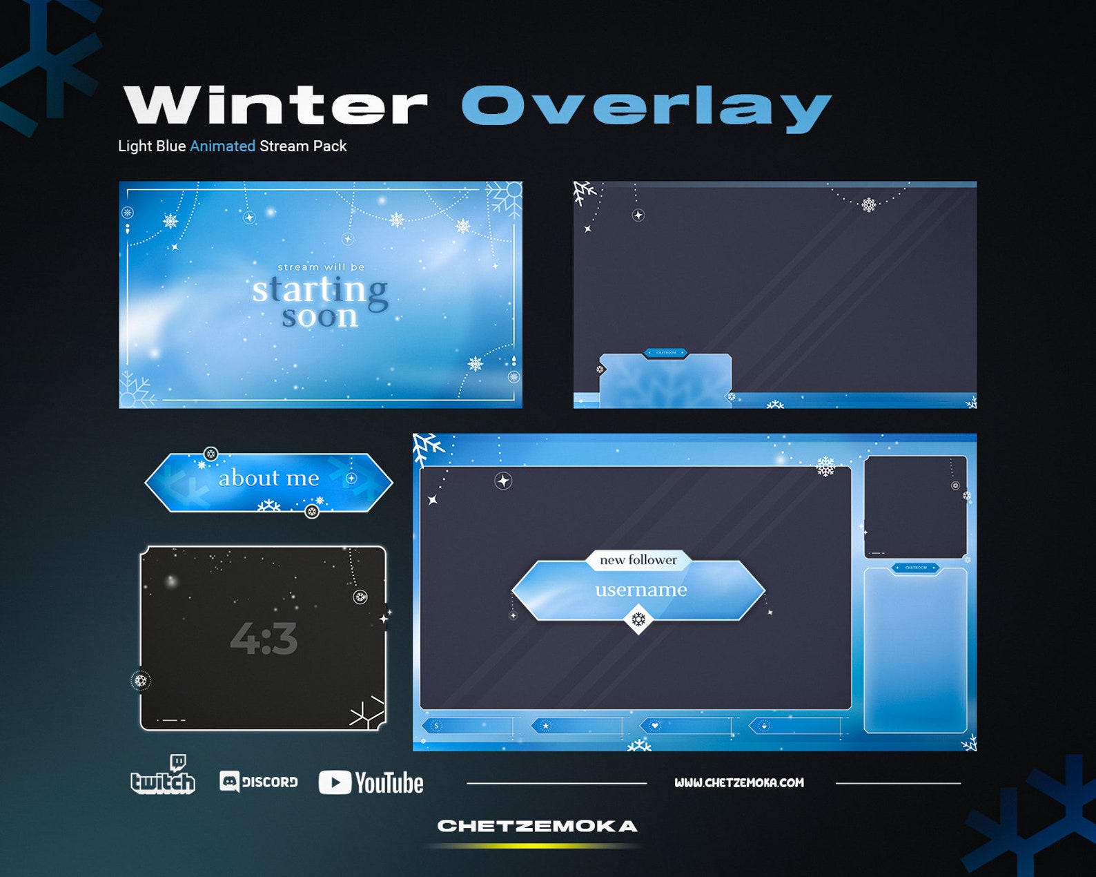 Winter Stream Overlay Pack Snowflake Webcam Overlay Blue Vtuber Scenes ...