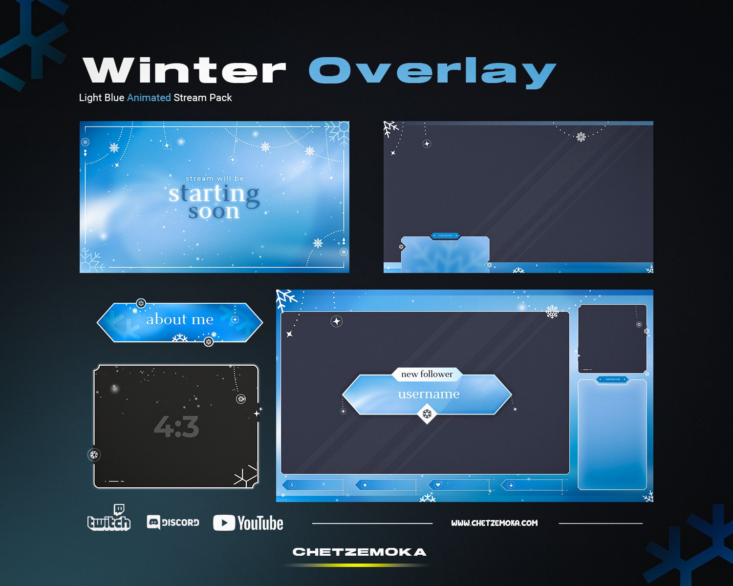 Winter Stream Overlay Pack | Snowflake Webcam Overlay | Blue Vtuber ...