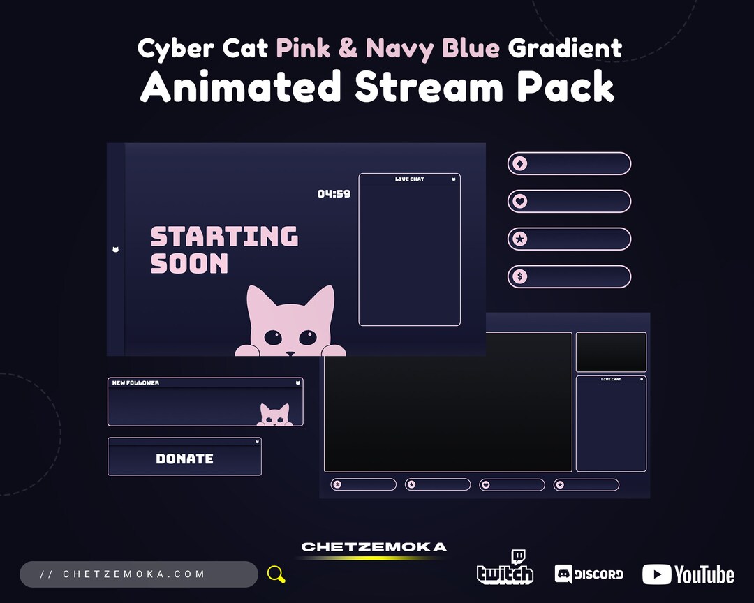 Cat Stream Overlay Pink & Navy Blue - Animated Cat Stream Pack ...