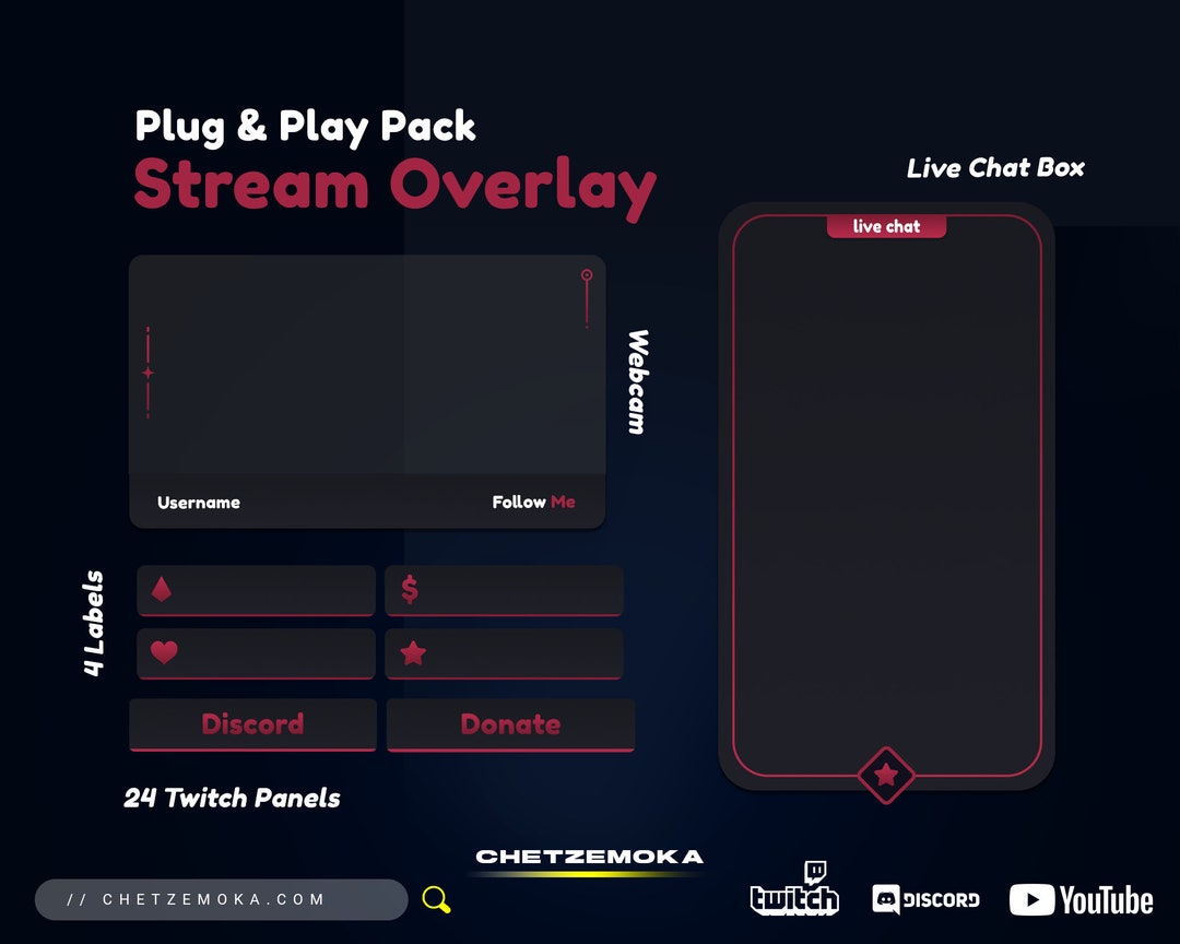 Red Stream Overlay Package: Twitch Panels, Webcam Overlay (digital ...