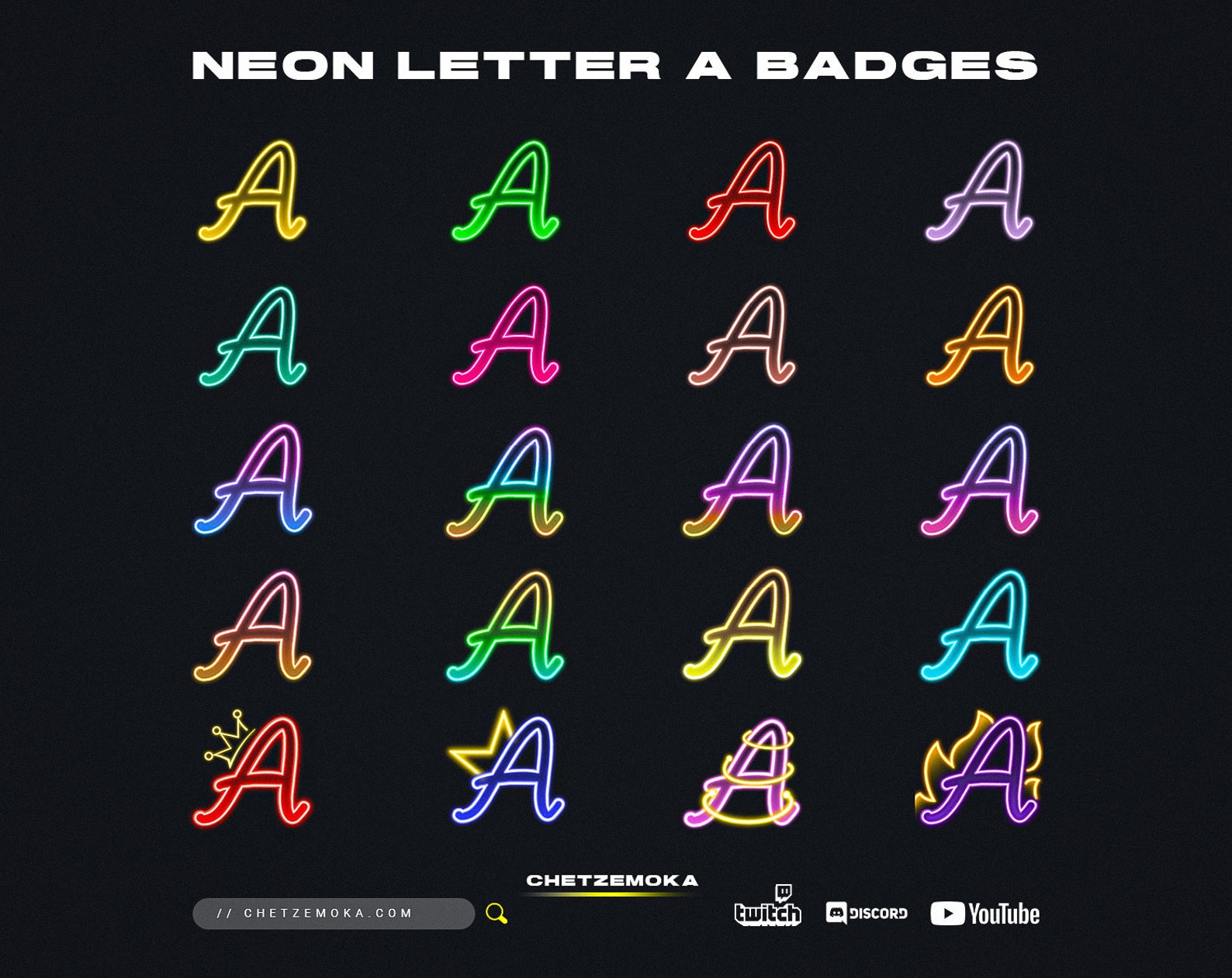 Twitch Letter A Sub Badges | Neon Badges | Set of 20 Subscriber Icons ...