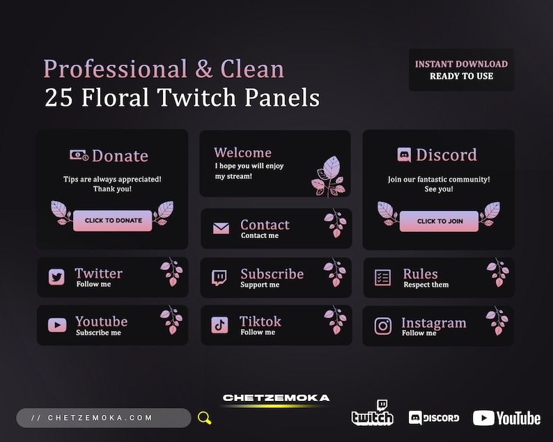 Floral Twitch Panels: Purple Stream Overlay, 25 Pack (instant Download ...