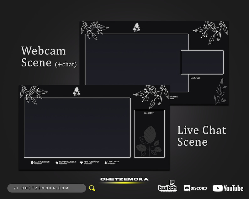 Floral Black and White Animated Stream Overlay Twitch Pack (digital ...