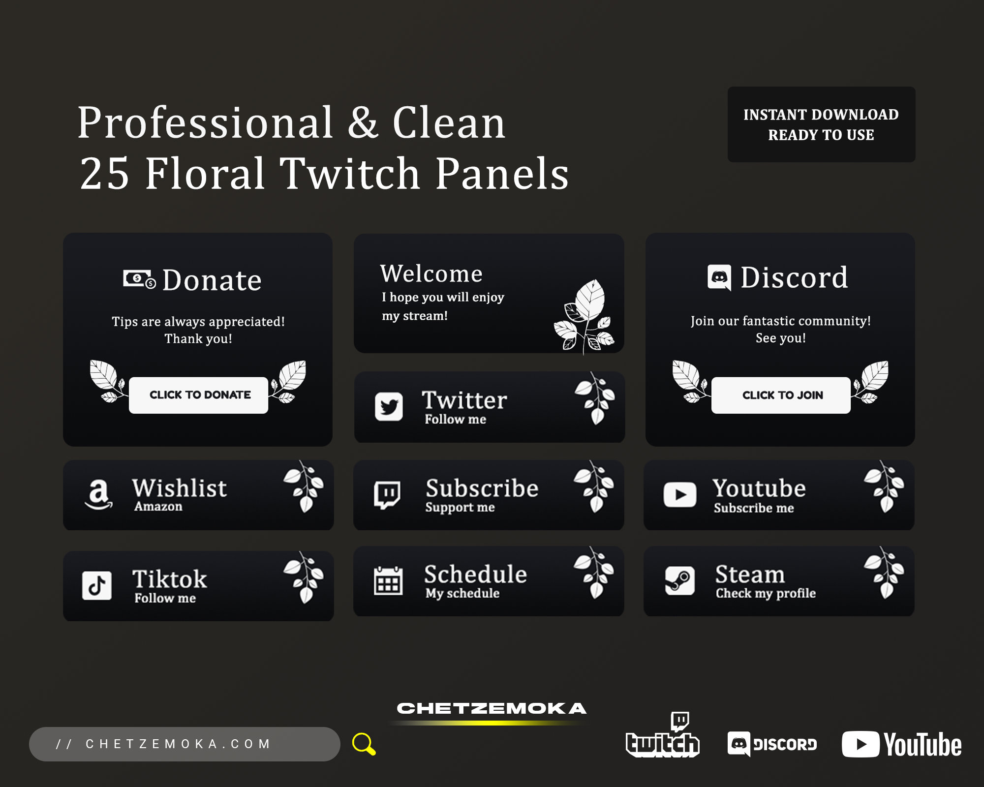 Twitch Panels Floral Black & White Twitch Panels 25 Stream Panels Pack ...