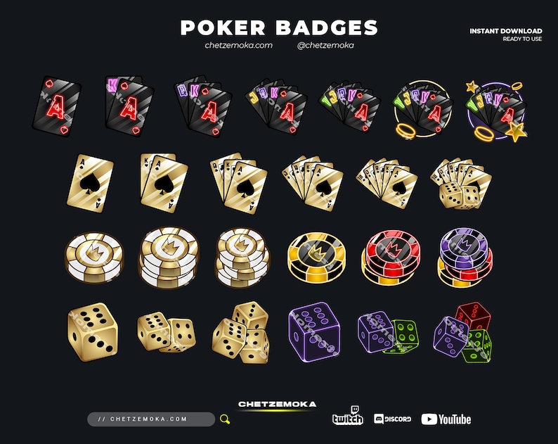 Twitch Poker Sub Badges | 25 Badges | Cards | Dice and Chips | Neon ...