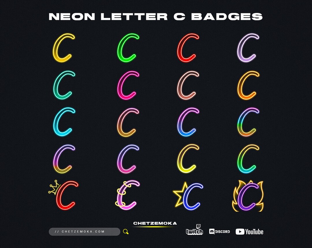 Twitch Neon Sub Badges | Letter C Badges | Set of 20 Subscriber Icons ...