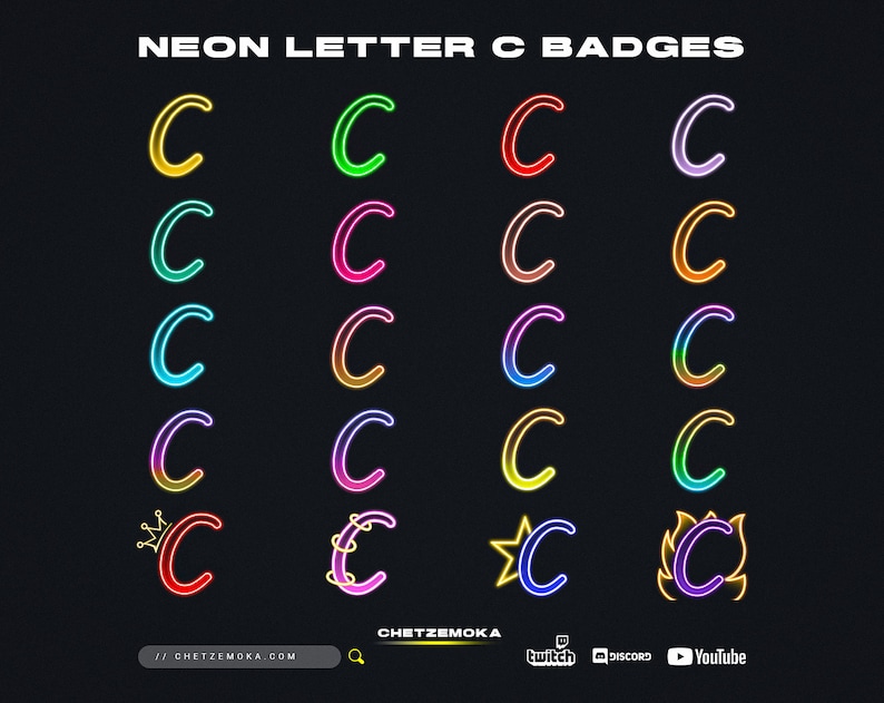 Twitch Neon Sub Badges Letter C Badges Set of 20 Subscriber Icons Glow ...