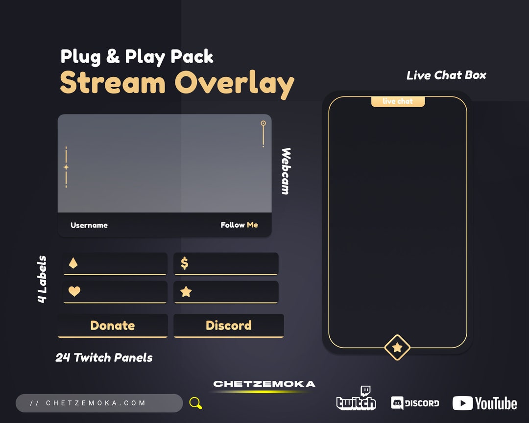 Stream Overlay Package Black & Gold | Webcam Overlay | 24 Twitch Panels ...