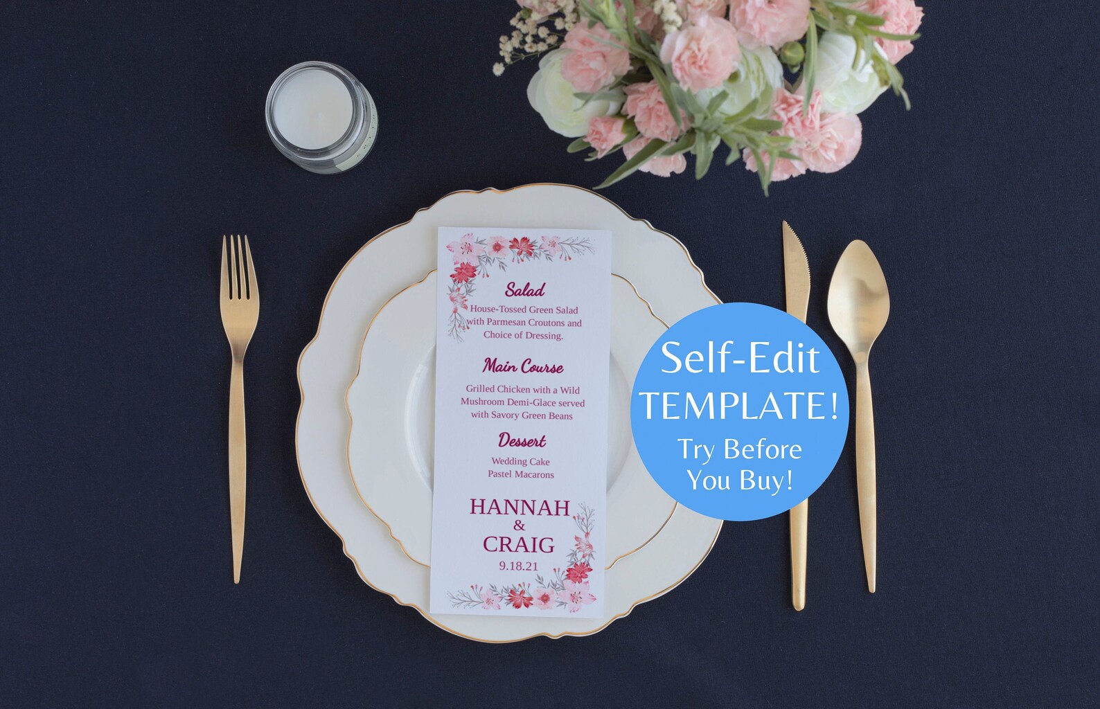 WEDDING MENU TEMPLATE Pink Floral Border Collection Table - Etsy