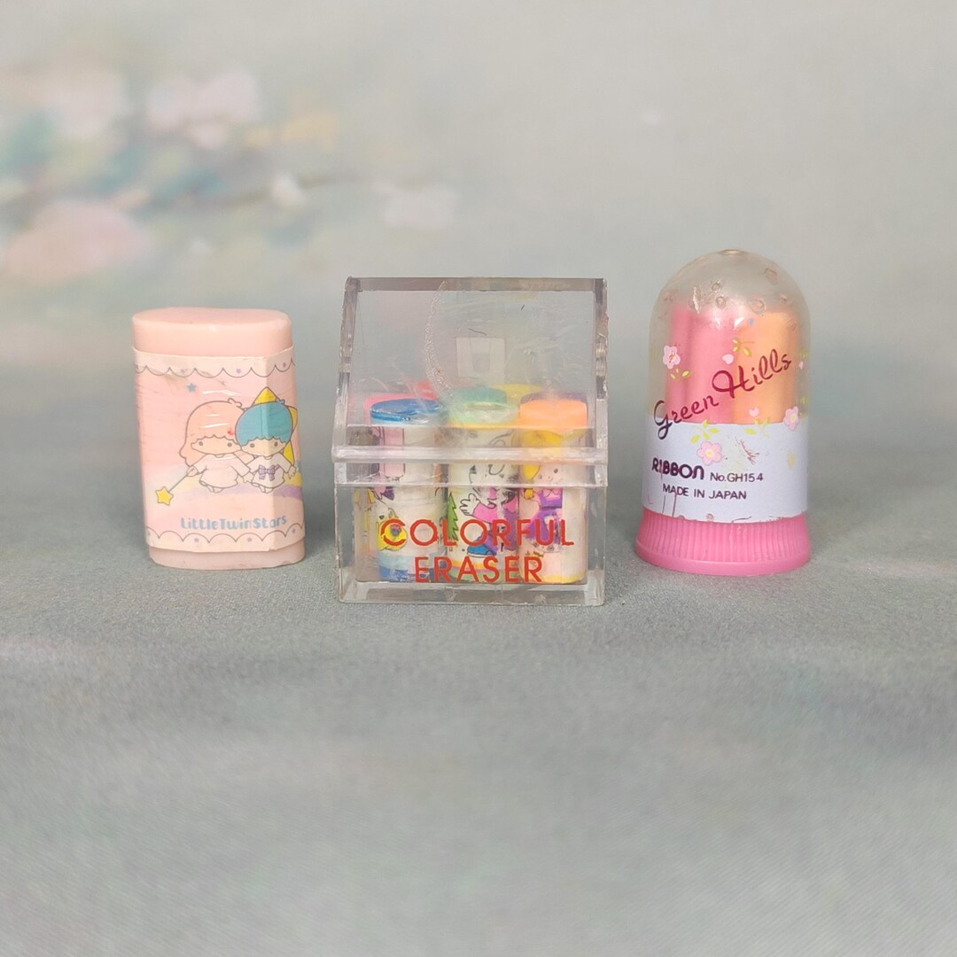 Set of 3 Vintage Erasers Made in Japan 1976 Novelty Ribbon Green Hills ...