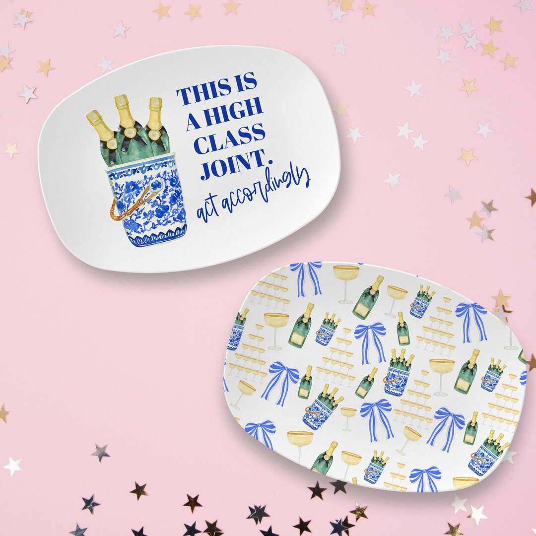 High Class Brunch Serving Platter | Blue Floral Champagne Tray, Funny ...