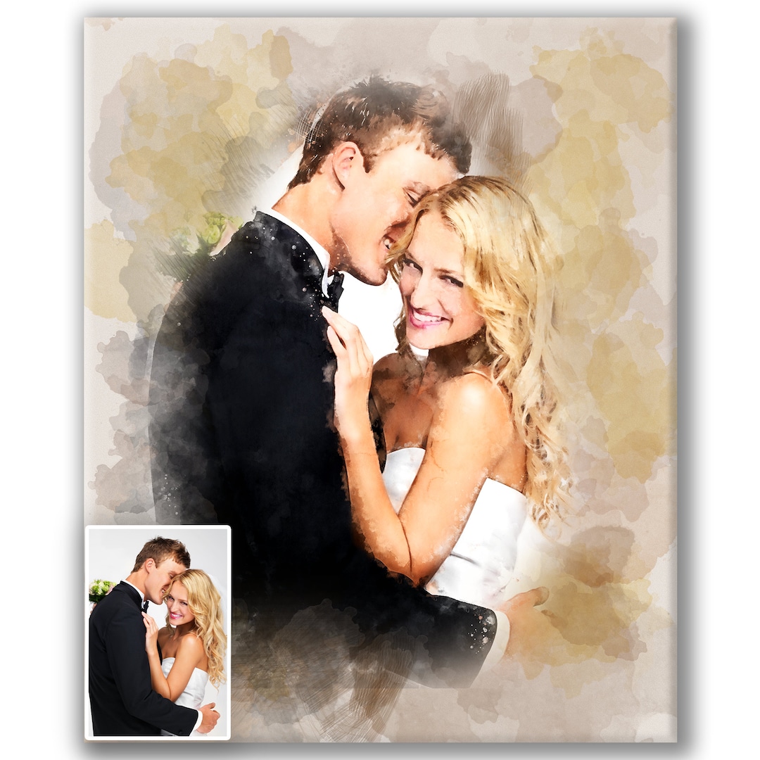 Personalized Wedding Watercolor Portrait, Engagement Wall-art, Custom ...