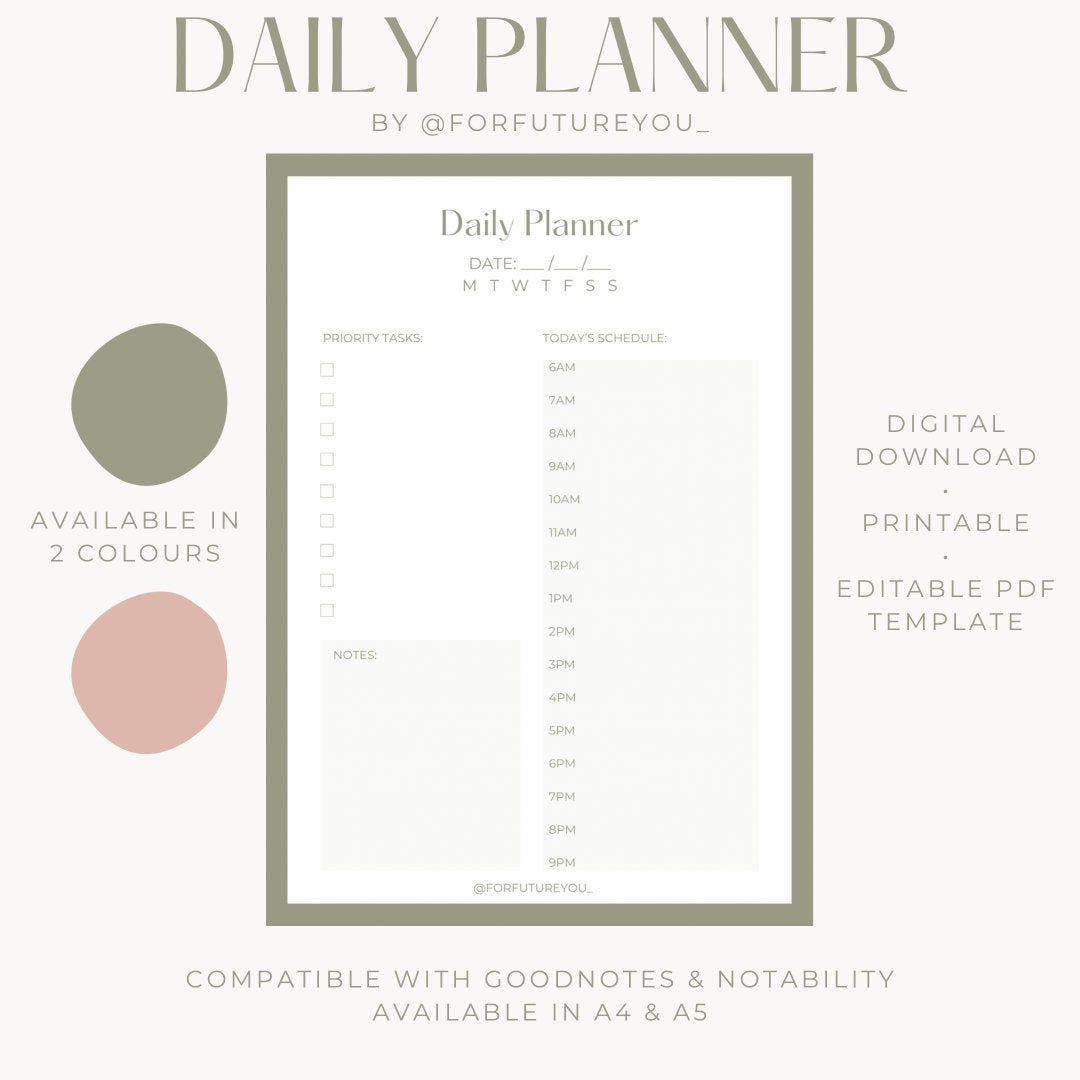 Digital Daily Planner Printable Downloadable & Editable PDF | Etsy